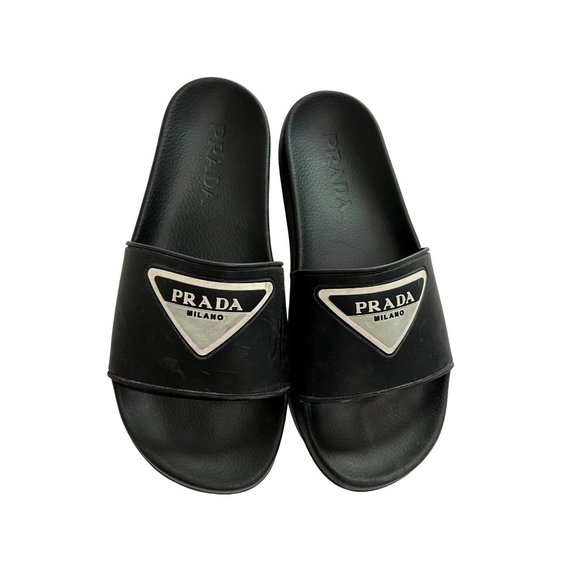Prada | Shoes | Prada Logo Embossed Rubber Slide Sandals In Black ...